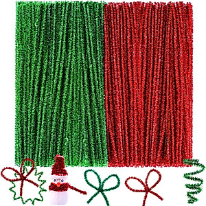 WILLBOND 300 Pieces Christmas Pipe Cleaners 12 Inches Glitter Pipe Cleaners Craft Red Green Pipe Cleaners Colorful Chenille Stems for Xmas DIY Arts Christmas Crafts Decoration