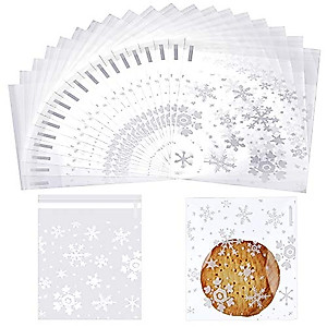 200 Pieces Christmas Cookie Bags Cellophane Treat Bags Snowflake Clear Candy Bag Gifts Goodies Bags with Self Adhesive Seal, 5.5 by 5.5 Inch (4 by 4 Inch)