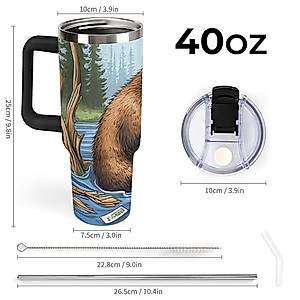 LLUTSNTH 40 Oz Vacuum Tumbler with Black Handle Leakproof Insulated Tumbler Busy Beaver Cartoon Stainless Steel Travel Mug with Lid And Straw Coffee Cup Cute Water Bottles Cup Holder Friendly