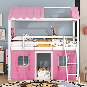 SOFTSEA Full Over Full Bunk Bed Frame, Floor Low Bunk Bed with Tent and Windows Sills, Wood Bunk Bed Frame with Slide Ladder and Guardrails, Full Size House Shaped Bunk Bed for Kids, Pink