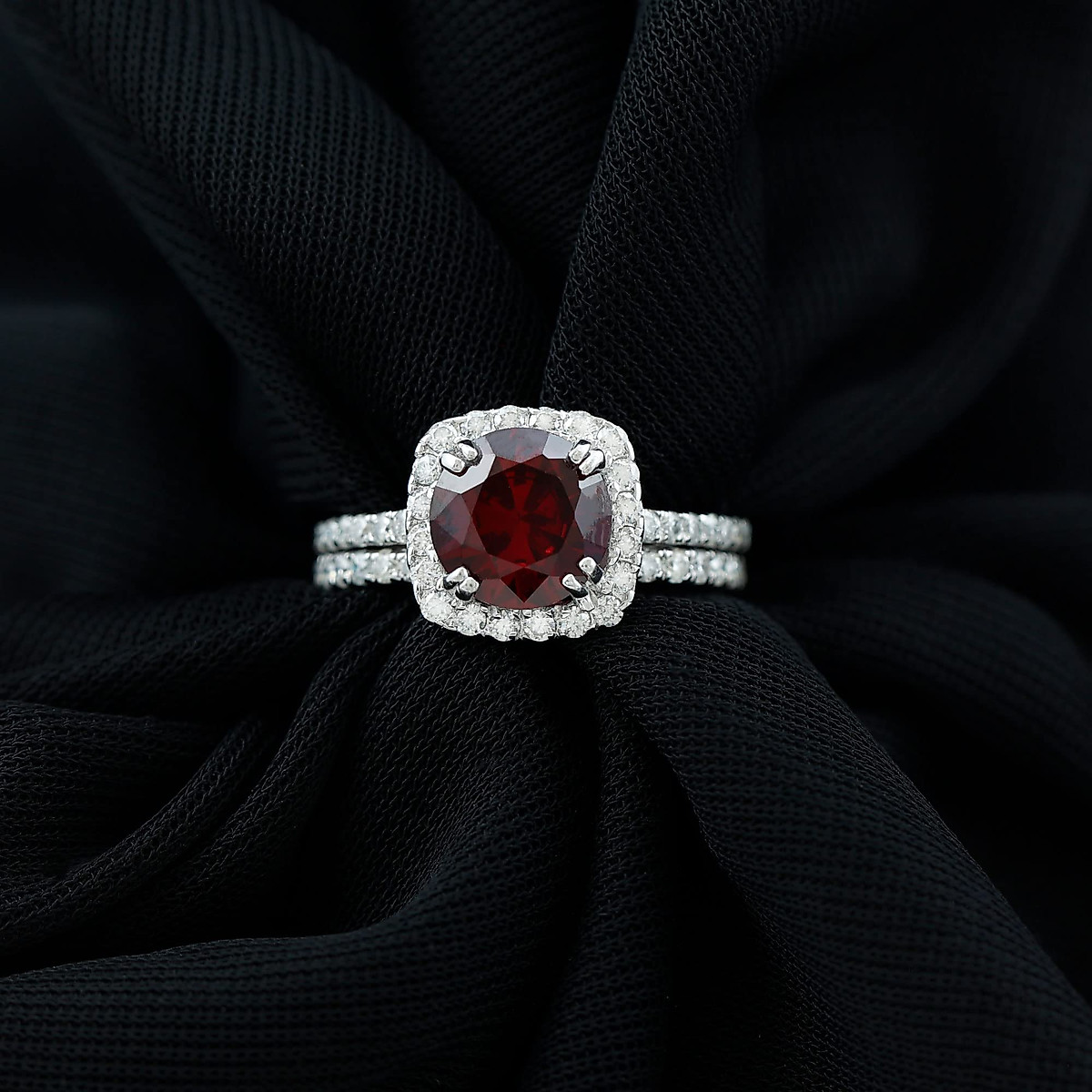 Certified Lab Grown Ruby Moissanite Wedding Ring Set, Aaaa Grade, 8 mm Round Ruby Halo Engagement Ring with Band - With Jewelry Box, 14K White Gold, Size:US 5.50