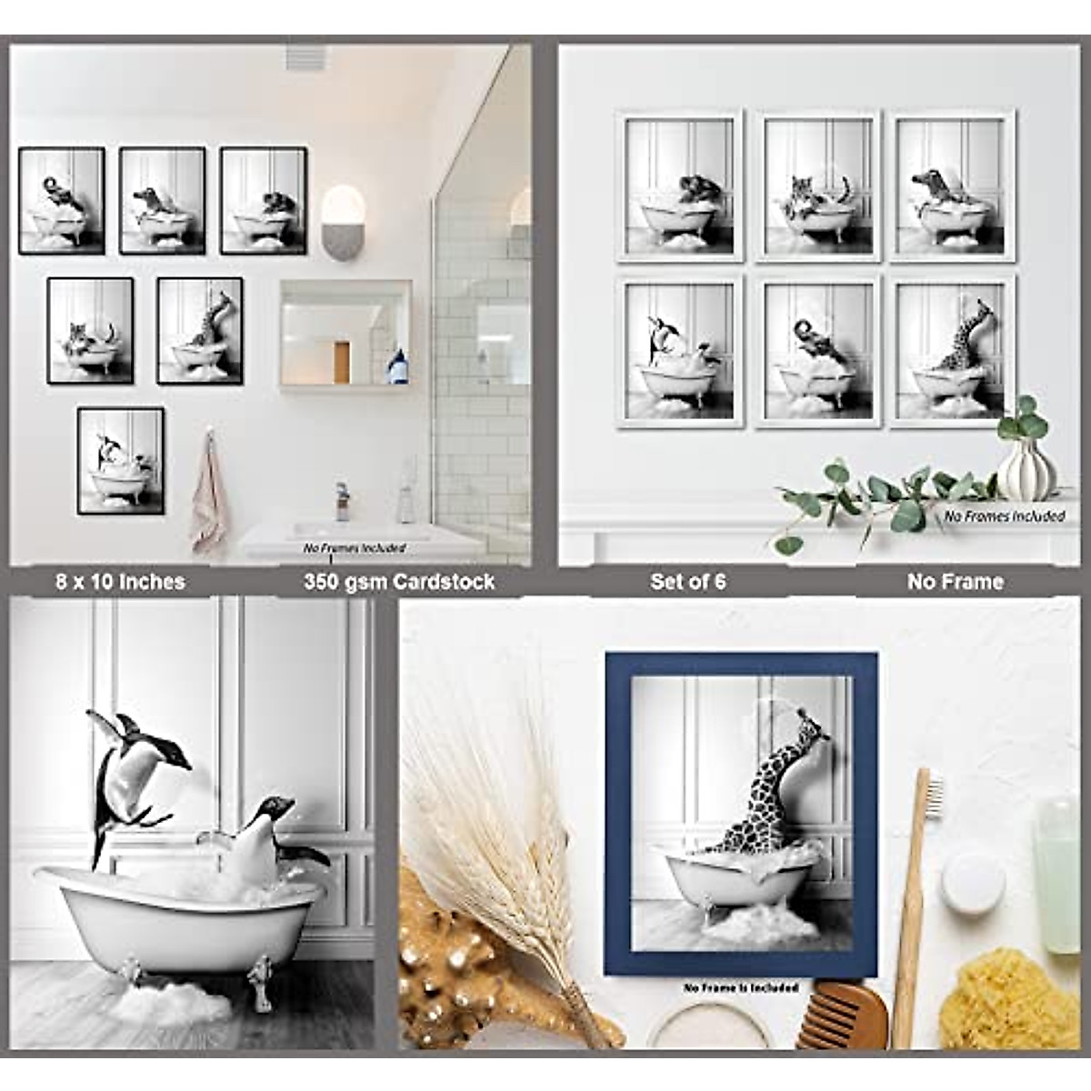 Funny Bathroom Decor Wall Art – Unframed Set of 6 (8 x 10 Inch) – Bathroom Wall Decor, Black and White Bathroom Decor, Kids Bathroom Decor, Animal Giraffe Penguin Elephant Bathroom Pictures for Wall Decor by LIYA Design Prints