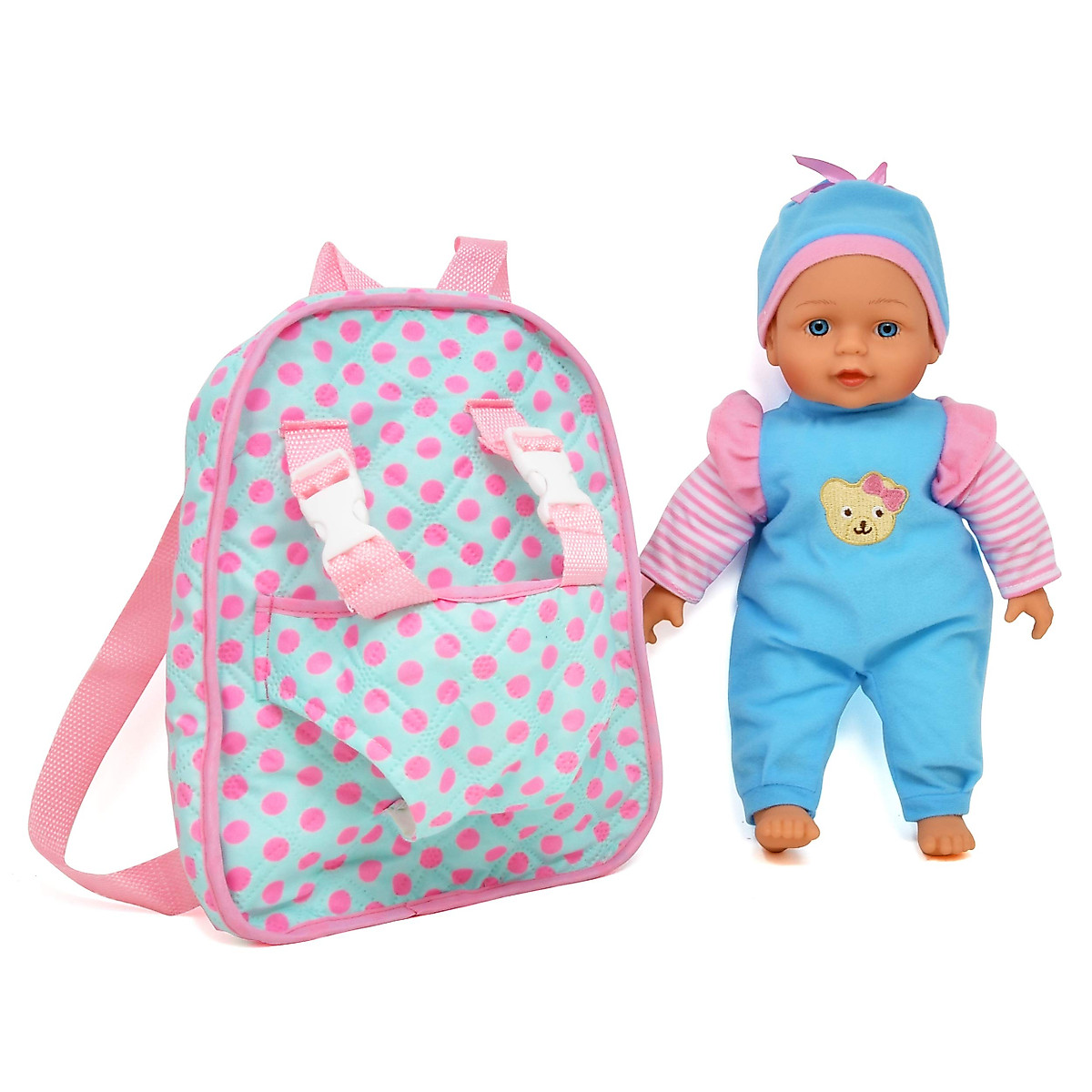 Dolls To Play 13" Soft Baby Doll with Take Along Pink Doll Backpack Carrier, Briefcase Pocket Fits Doll Accessories and Clothing