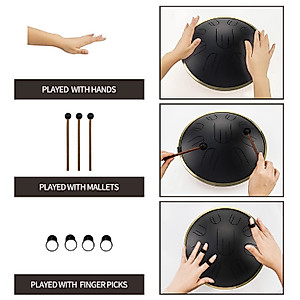 AS TEMAN Steel Tongue Drum 14inche 9Notes handpan in D Amara Percussion Instrument-tank drum-Hank drum,suitable for Meditation Entertainment Musical Education Mind Healing Yoga(Black)