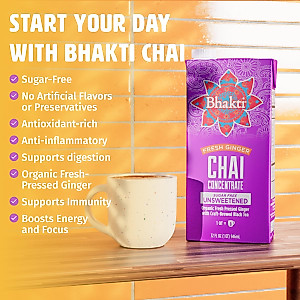 Bhakti Sugar Free Chai Concentrate, Unsweetened, Fresh Pressed Ginger and Black Tea Blend, Vegan, Organic, Gluten-Free, All-Natural Ingredients, 32 Ounce Cartons (Pack of 2)