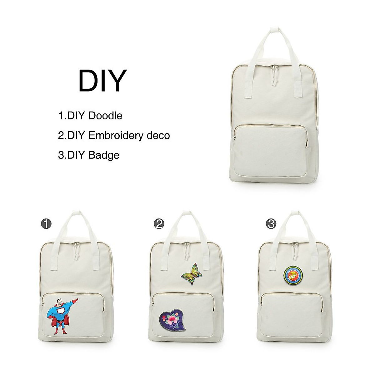 Zicac Unisex DIY Canvas Backpack Daypack Satchel (White 02) (Beige)