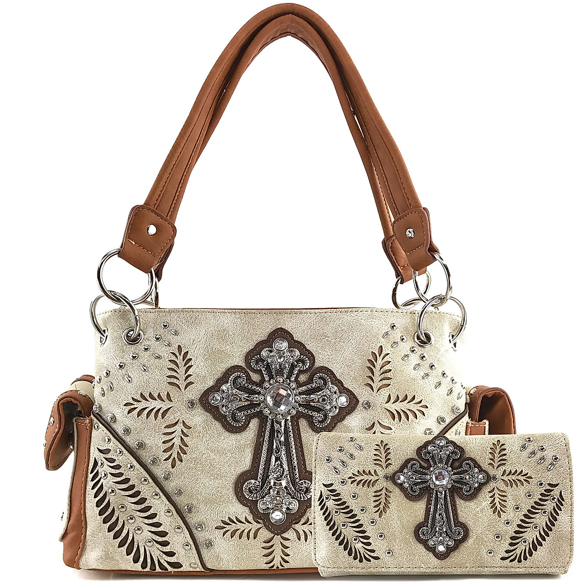 Zelris Fall Fern Leaf Western Cross Women Conceal Carry Handbag Wallet Set (Beige)
