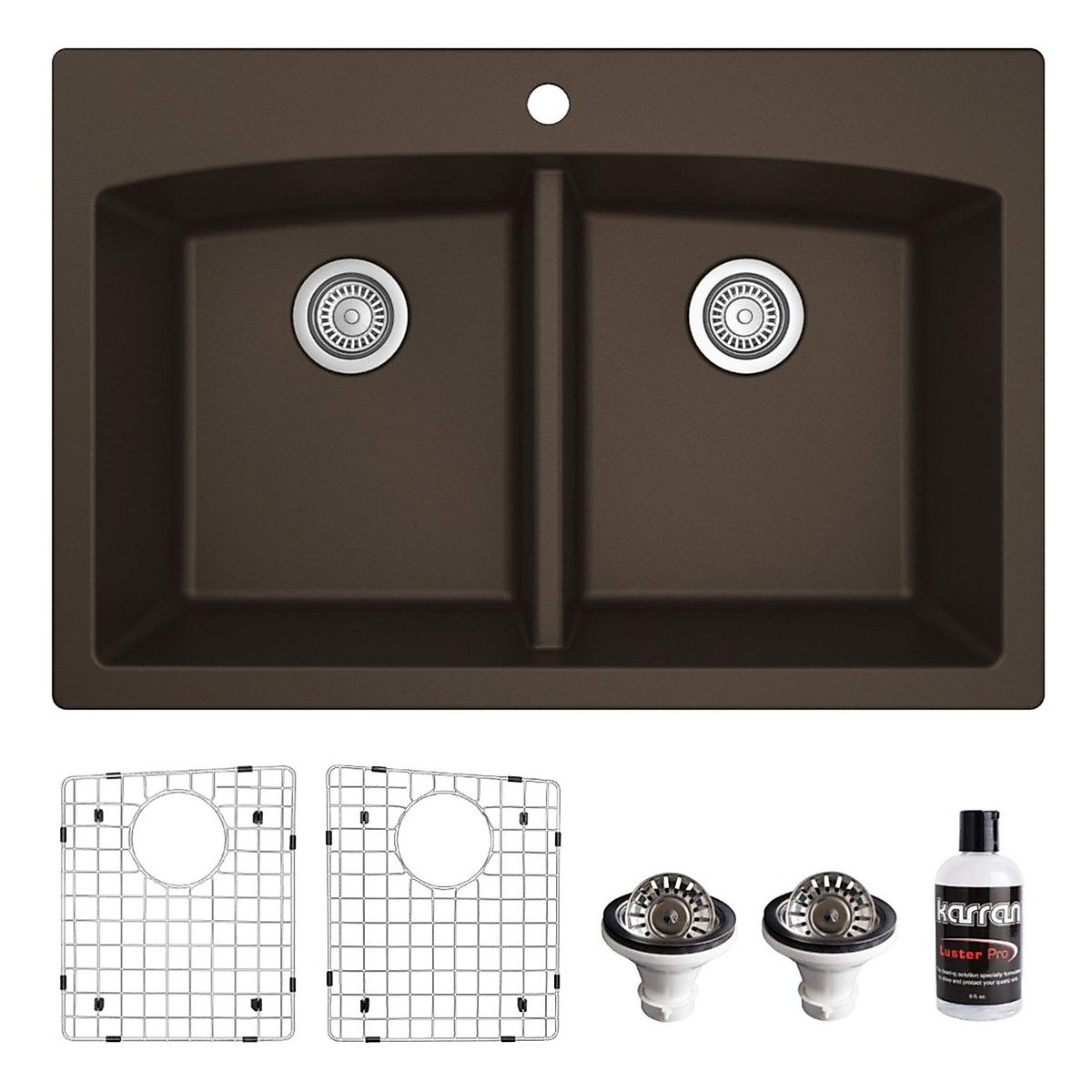 Karran QT-710 Drop-In Quartz Composite 33 in. 1-Hole 50/50 Double Bowl Kitchen Sink Kit in Brown