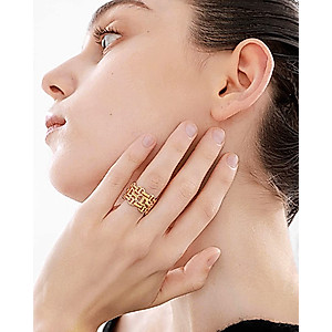 Aobei Pearl 18K Gold 3-Row Chunky Band Ring Mariner Anchor Chain Ring for Women Statement Pig Nose Link Open Rings Adjustable Thumb Knuckle Finger Jewelry for Her