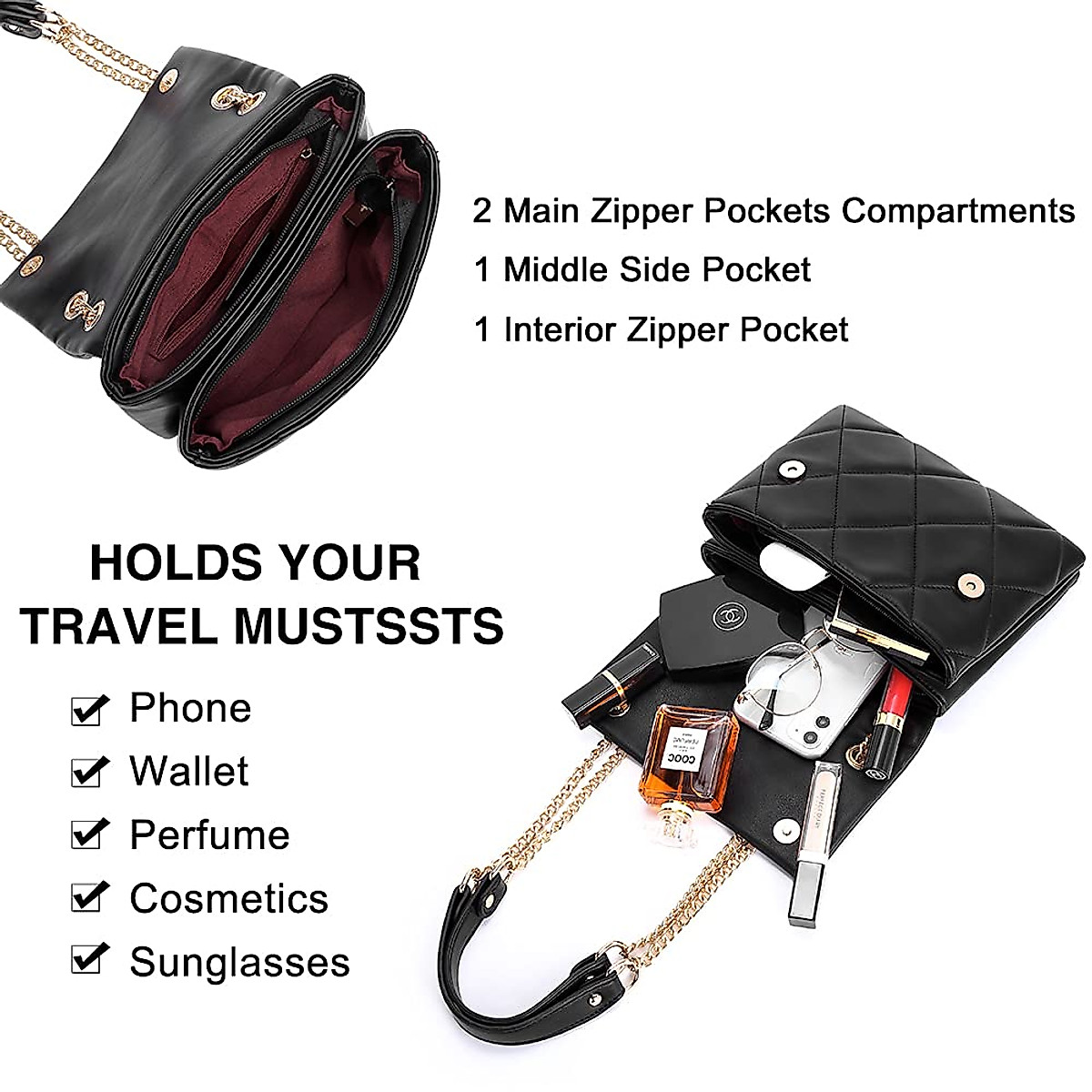 CLUCI Crossbody Bags for Women Small Vegan Leather Designer Handbags Leather and Metal Chain Strap, Ladies Shoulder Bag Black