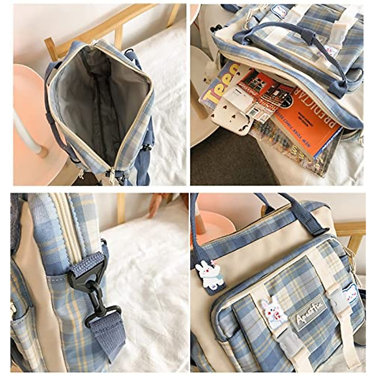 Kawaii Backpack with Kawaii Pin and Bear Plush Mini Cute Japanese School Bag Anime Shoulder Bag (Blue)