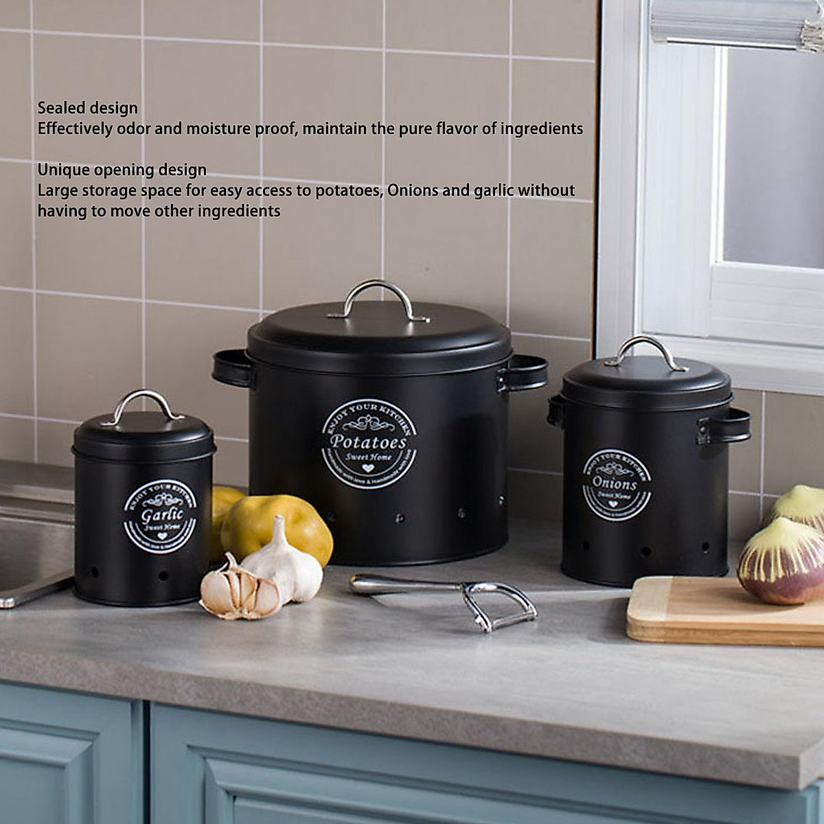 3Pcs Potato and Onion Storage Bin Set, Kitchen Vegetable Storage Tins, Onion Storage Garlic Keeper, Carbon Steel Farmhouse Potatoes Holder for Potatoes, Onions (Black)