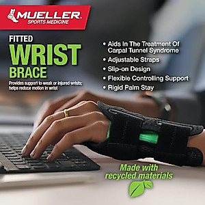 MUELLER Sports Medicine Green Fitted Wrist Brace, Wrist Pain Relief Support for Men and Women, Ideal for Carpal Tunnel, Tendinitis, Arthritis, Right Hand, Black, Large/X-Large