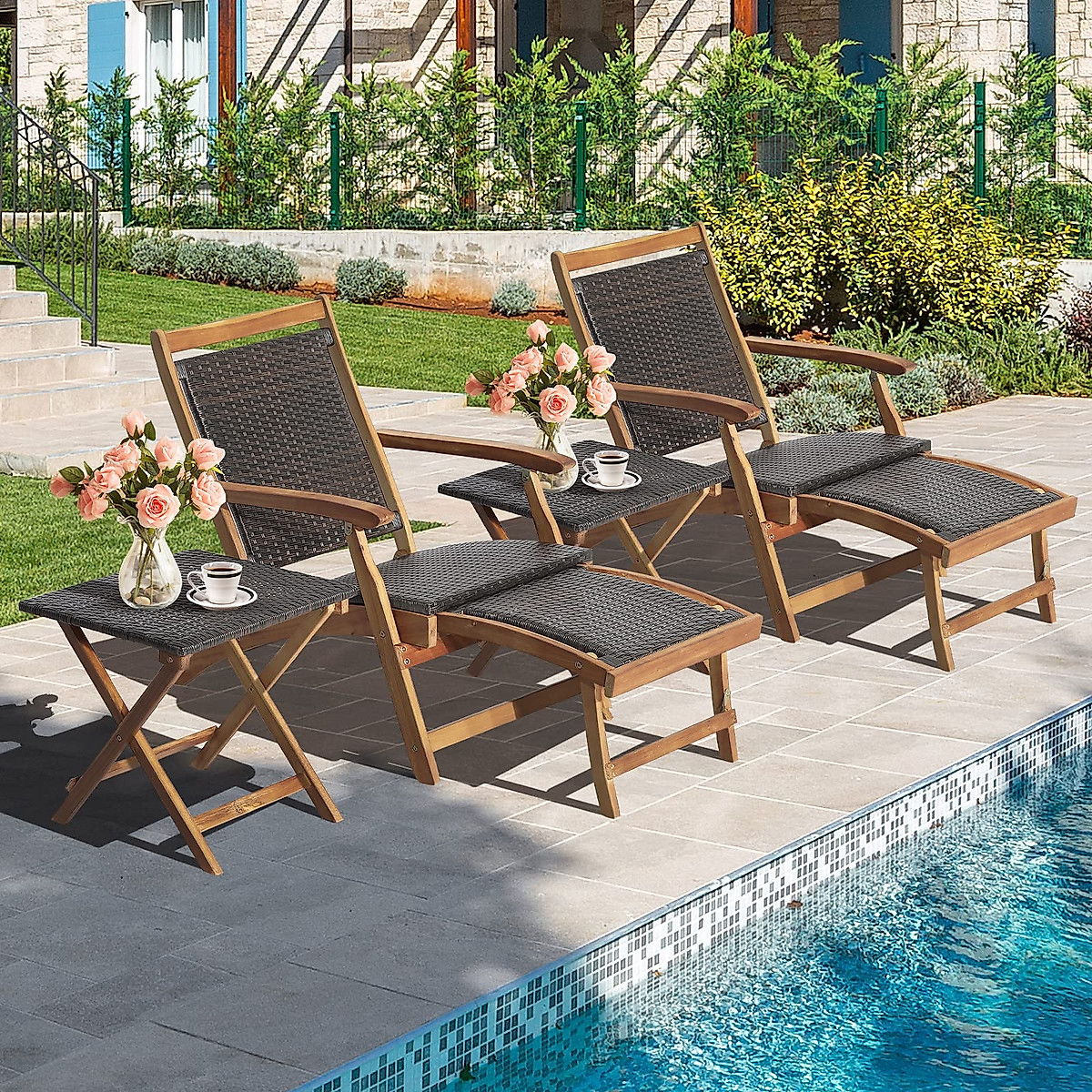 HAPPYGRILL Lounge Chair Table Set Outdoor Acacia Wood Lounge Chair with Wicker Side Table Folding Chaise Lounge with Retractable Ottoman for Garden Balcony Poolside