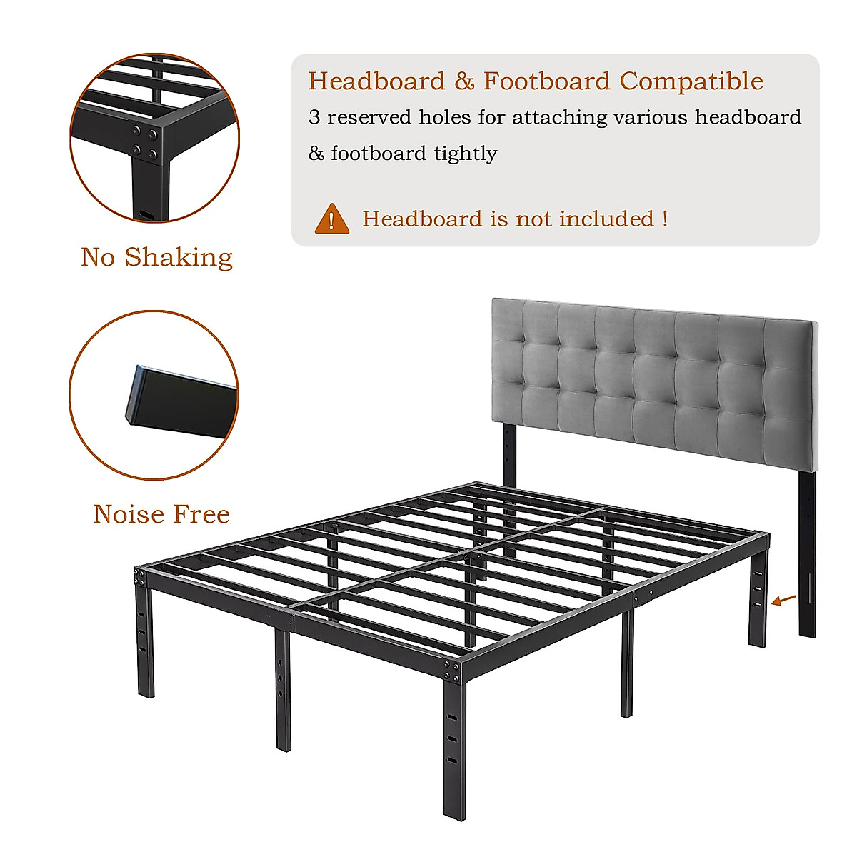 COMASACH 16 Inch Full Bed Frame and 6 Pcs Mattress Gaskets, Heavy Duty Metal Platform Bed Frames with 4500Lbs Steel Slat Support, No Box Spring Needed, Noise Free Non Slip Mattress Foundation, Black