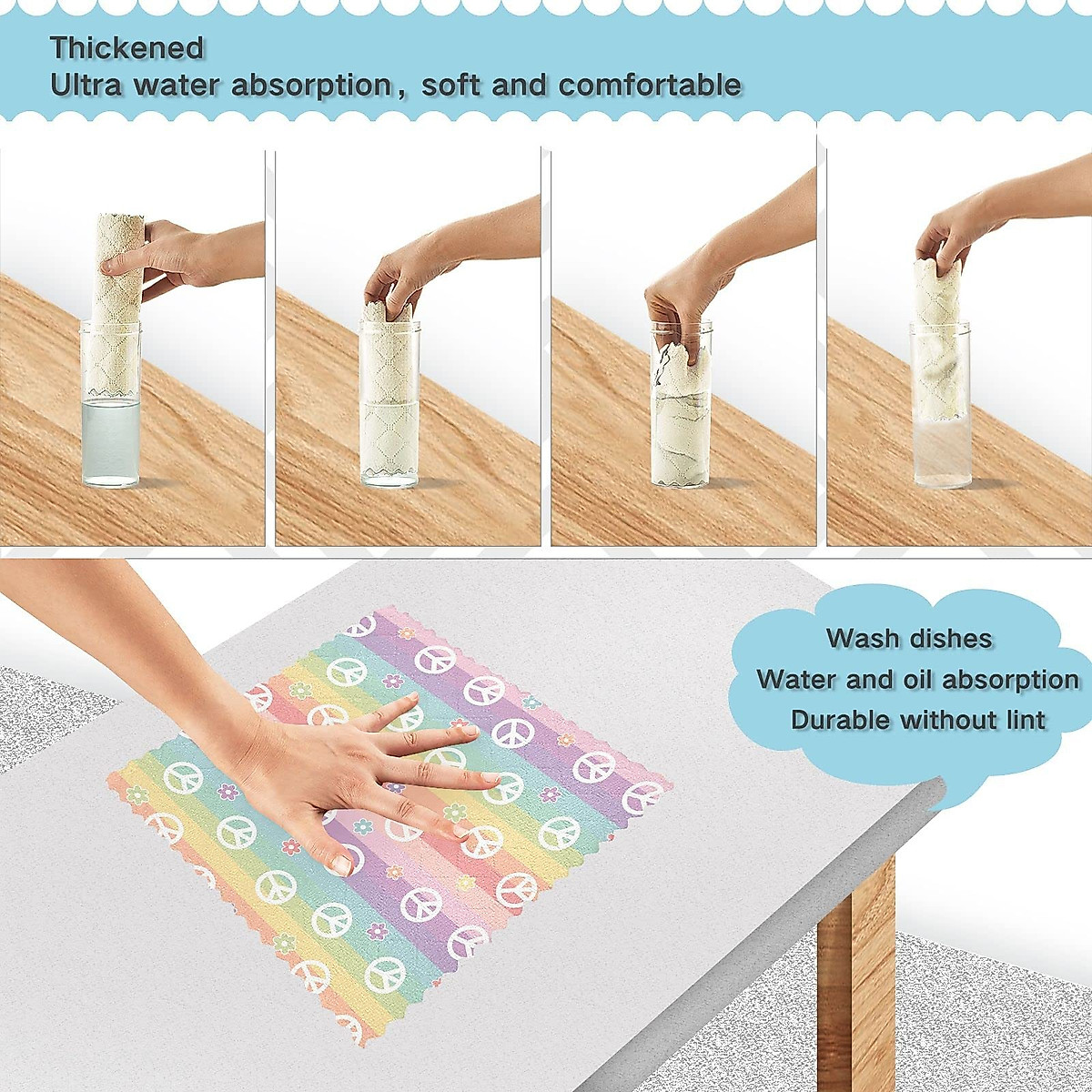 ACICS Peace Symbol Peace Sign Rainbow Flowers Kitchen Towels Dishcloths Set 11 X 11 inch Set of 6 Bulk Cotton Kitchen Towels Set Dish Towels for Washing Drying Dishes Dish Rags Super Soft