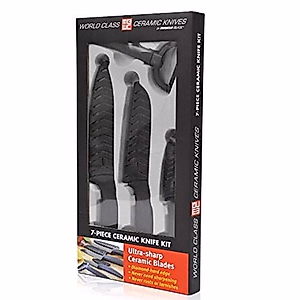 Miracle Blade IV World Class Professional Series Black 7-piece Ceramic Knife Set - Sharpest Knives Never Lose their Precision Cut: Never Dulls & Won't Rust or Stain.