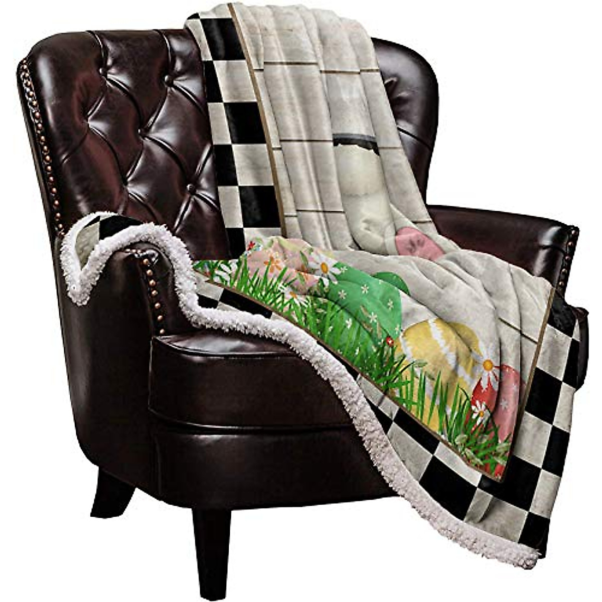 Yun Nist Easter Day Sherpa Flannel Throw Blankets,Pink Rabbit Tail Egg Thick Reversible Plush Fleece Blanket for Bed Couch Sofa Decor,Black Plaid White Plank Ultra Soft Comfy Warm Fuzzy TV Blanket