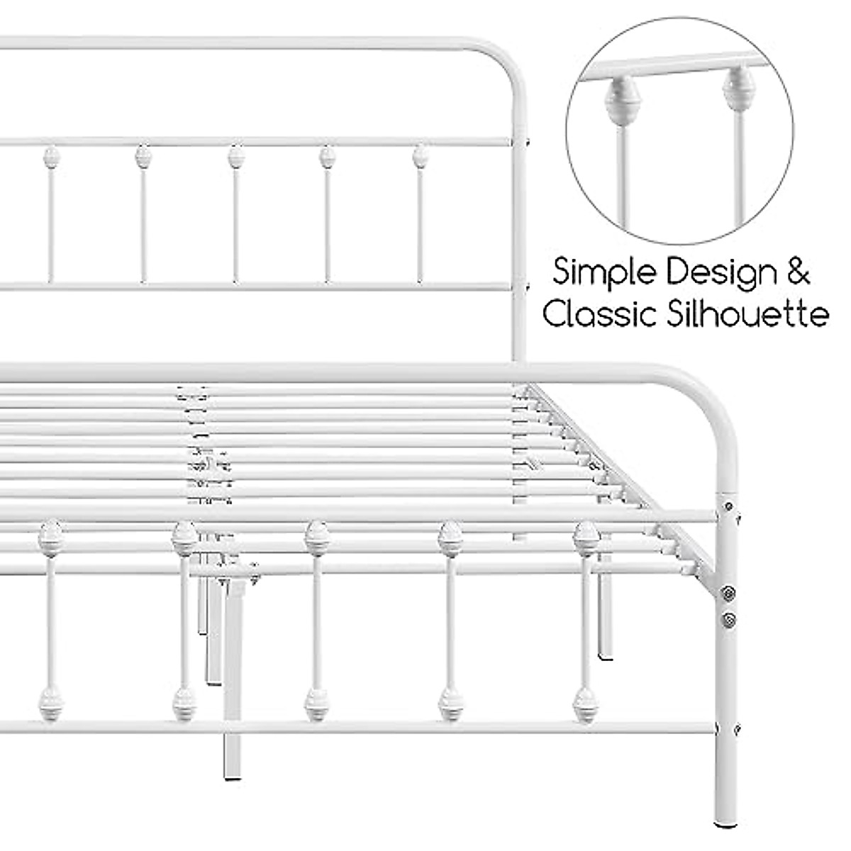 Topeakmart California King Size Victorian Style Metal Bed Frame with Headboard/Mattress Foundation/No Box Spring Needed/Under Bed Storage/Strong Slat Support White