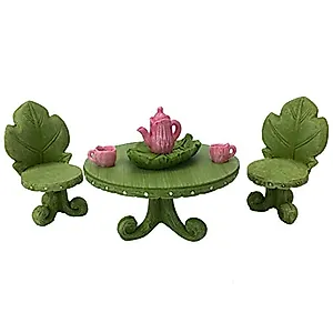 Miniature Fairy Garden Furniture Set: Leaf Bistro Set with Tea Set for Fairies and Garden Gnomes