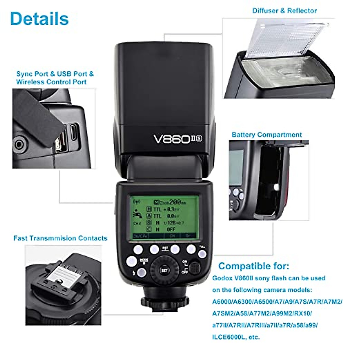 Godox V860II-S V860IIS Camera Flash Speedlite for Sony, 2.4G TTL Sony Flash Speedlight GN60 1/8000s HSS, Rechargable Li-ion Battery, 650 Full Power Flashes, Compatible for Sony DSLR Cameras