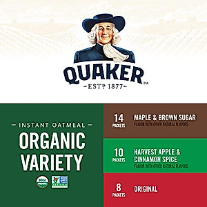 QUAKER Instant Oatmeal, USDA Organic, Non-GMO Project Verified, 3 Flavor Variety Pack, Individual Packets, 32 Count (Pack of 1)