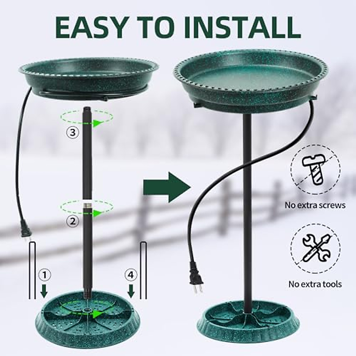 Heated Bird Bath for Outdoors for Winter, 75W Bird Bath Water Heater Bird Bath Deicer,Deep Bowl Thermostatic Control Weather Resistance Stylish Design with Planter Pedestal for All Seasons(Green)