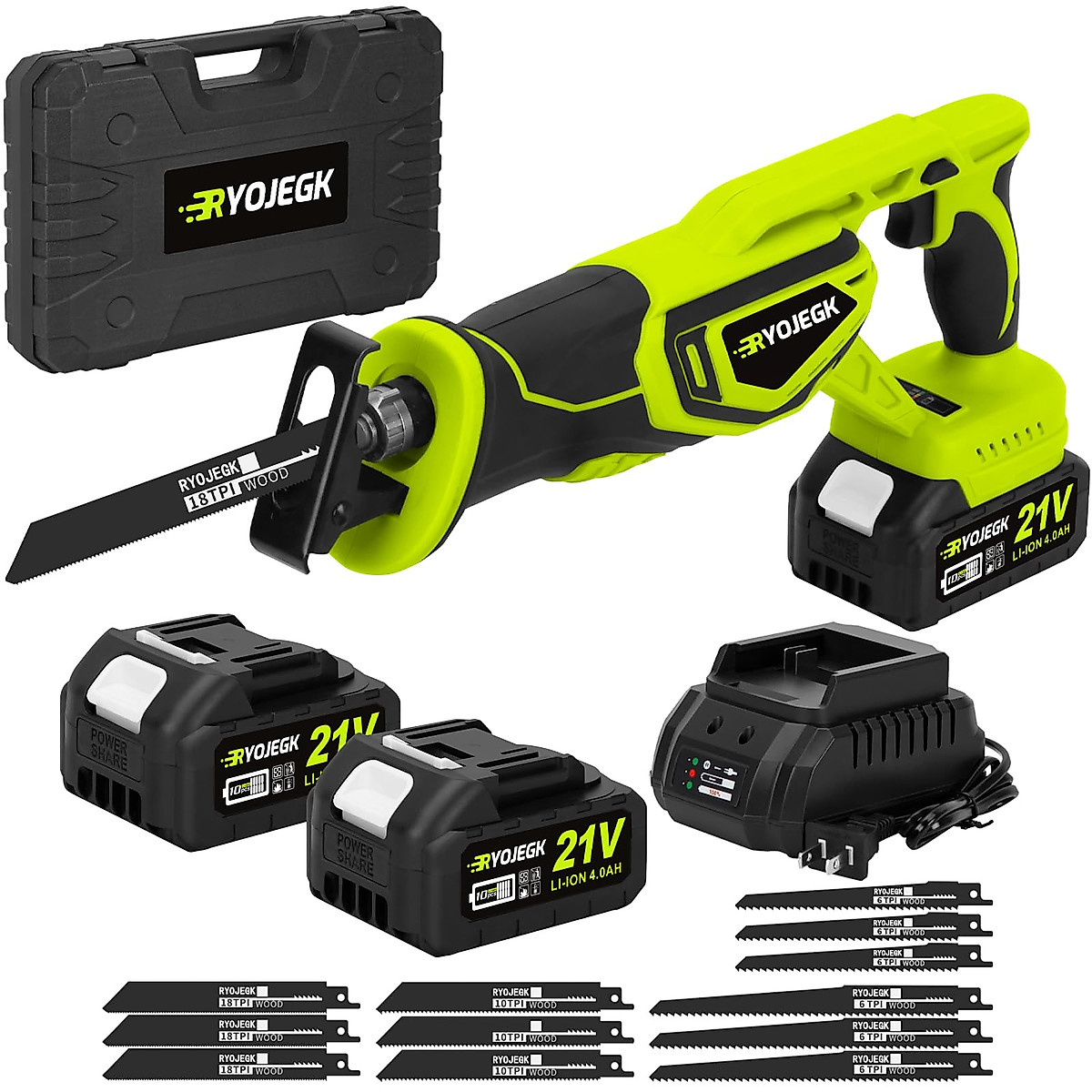 RYOJEGK 21V Cordless Reciprocating Saw, Brushless 27mm Saw with 2 x 4.0Ah Battery & 12 Saw Blades, 3500 SPM Power Cordless Saw, Tool-Free Blade Change recíproca for Wood & Metal Cutting
