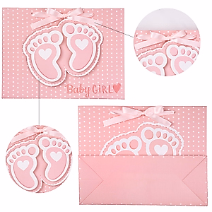 LeZakaa 13" Pink Gift Bags with Tissue Paper, Gift Card, Foot Print and Baby Girl Lettering Design for Baby Shower