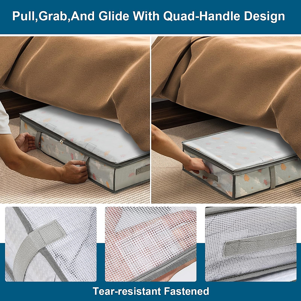 4 Packs Under Bed Storage Containers Bins, Humid-Proof Plastic Underbed Storage Bins, Closet Organizers and Clothes Storage Bags, Under the Bed Blanket Storage with Handles for Clothes,Bedroom