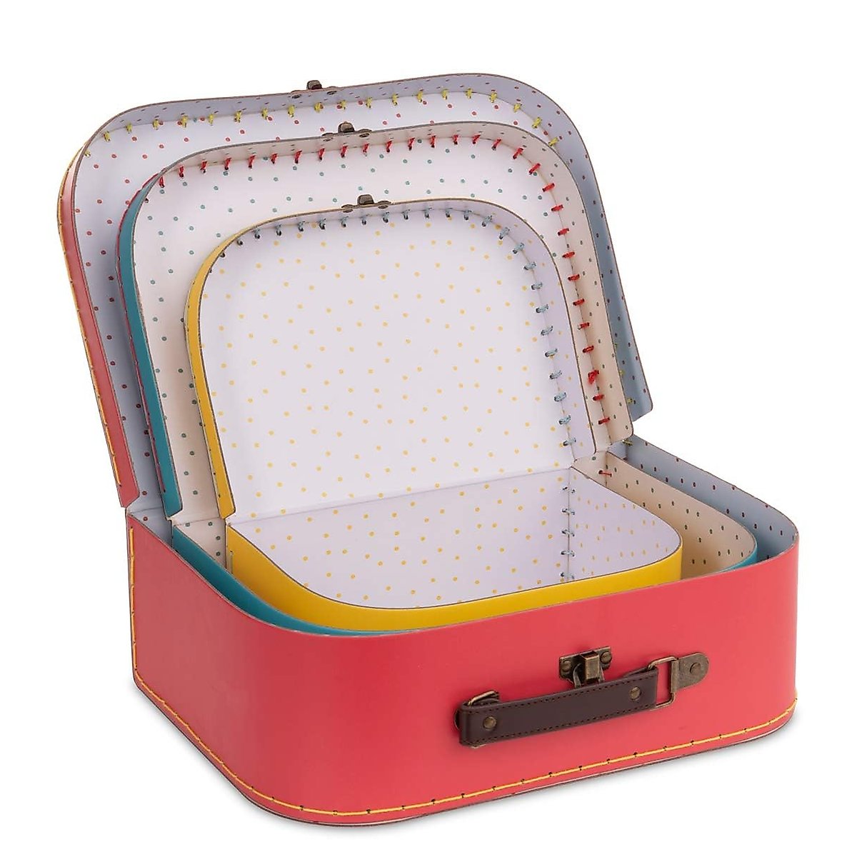 Jewelkeeper Decorative Storage Boxes Set of 3 - World Map Mini Suitcase Style Cardboard Suitcase with Brass Clasps and Handle - Ideal for Travel Decor, Event Props and Gift Presentation