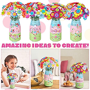 4 Sets Girls Crafts Ages 4-12 Make Your Own Flower Bouquet with Buttons and Felt Flowers, Vase Art and Craft for Children DIY Activity Christmas Thanksgiving Birthday Gift for Girls Boys