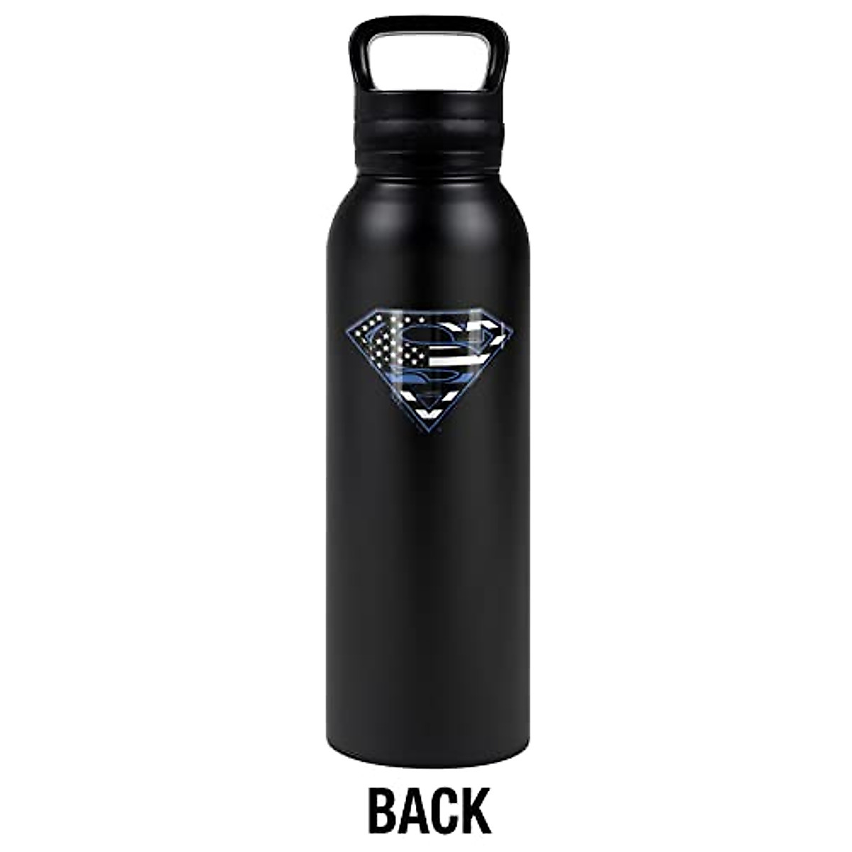 Superman OFFICIAL Superman Thin Blue Line Flag Shield Logo Pattern 24 oz Insulated Canteen Water Bottle, Leak Resistant, Vacuum Insulated Stainless Steel with Loop Cap, Black