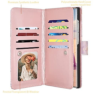 Fingic Galaxy S23 Ultra Wallet Case, 9-Card Holder, Detachable Strap, Rose Gold Marble, PU Leather, 5G (6.8")
