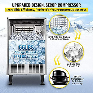 Commercial Ice Maker Machine - 110V, 170LBS/24H, ETL Approved Stainless Steel, 66LBS Bin, Auto Clean, Clear Cube, Air-Cooled, Water Filter, Drain Pump - Ideal for Restaurant, Bar, and Office