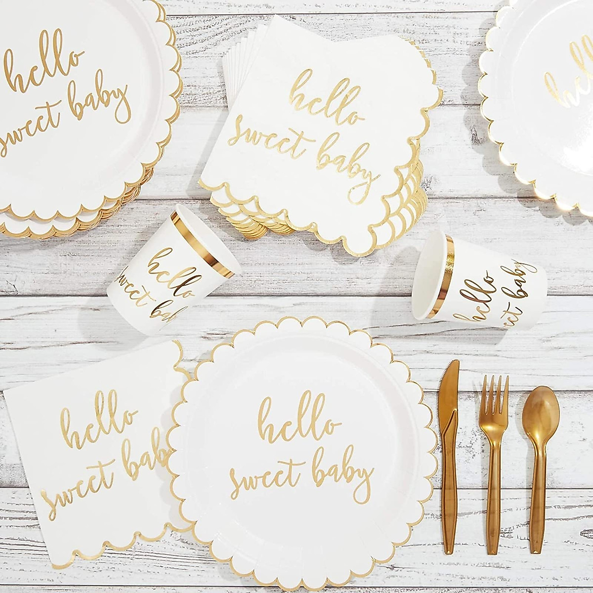 Sparkle and Bash 50 Pack Scalloped Hello Sweet Baby Napkins for Baby Shower Decorations (6.3 In)