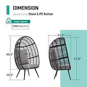 Patiorama Wicker Egg Chair Outdoor Indoor, Rattan Lounge Chair for Outside w/Legs Cushion, Basket Wicker Chair for Bedroom Living Room Front Porch Backyard Garden 350 lbs Capacity (Grey)