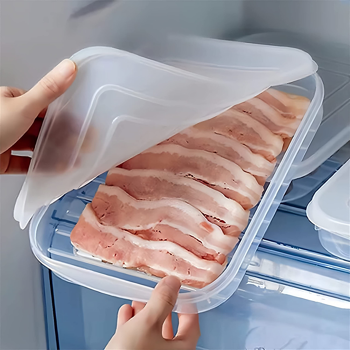 wulikanhua 2 Pack-Plastic Bacon keeper with Lids Airtight, Deli Meat Cold Cuts Cheese Saver Food Storage Containers for Refrigerators, Freezer,Shallow Low Profile Christmas Cookie Holder