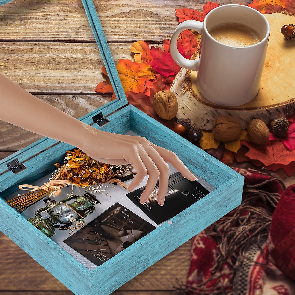 Muzilife 11x14 Shadow Box Picture Frame - 2.16" Interior Deep Wood & Glass Rectangle Display Case Ready to Hang Memory Box Baby Sports Memorabilia, Pins, Awards, Tickets, and Photos, Rustic Blue