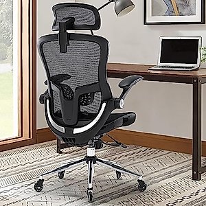 Ergonomic Mesh Office Chair, Home Office Desk Chairs with Adjustable Backrest, High Back Computer Desk Chair with Adjustable Headrest and Flip-Up Arms, Swivel Task Chair (Black)