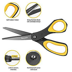 Scissors, iBayam 3 Pack 8" All Purpose Nonstick Scissors, 2.5MM Thickness Titanium Blades with Comfort Grip, Heavy Duty Scissors for Office School Home Classroom General Use Art and Craft DIY Supplies