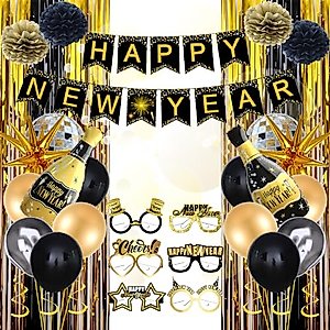 Enanal New Year Decoration, 2024 New Year Eve Black and Gold Foil Fringe Backdrop,Happy New Year Banner,Disco Ball Champagne Exploding Star Foil Balloons,Latex Balloons and Glasses