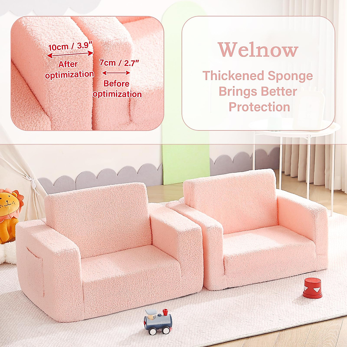 Welnow 2-in-1 Kids Sofa Chair, Convertible Toddler Chair Flip Out Children Sofa Chair Folding Kids Play Sofa with Side Pockets & Removable Cover Armrest Chair for Girl or Boy