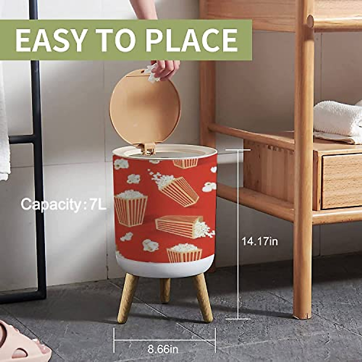 PHAIBHKERP Small Trash Can with Lid Illustration of Popcorn Seamless Pattern Garbage Bin Round Waste Bin Press Cover Dog Proof Wastebasket for Kitchen Bathroom Living Room 1.8 Gallon