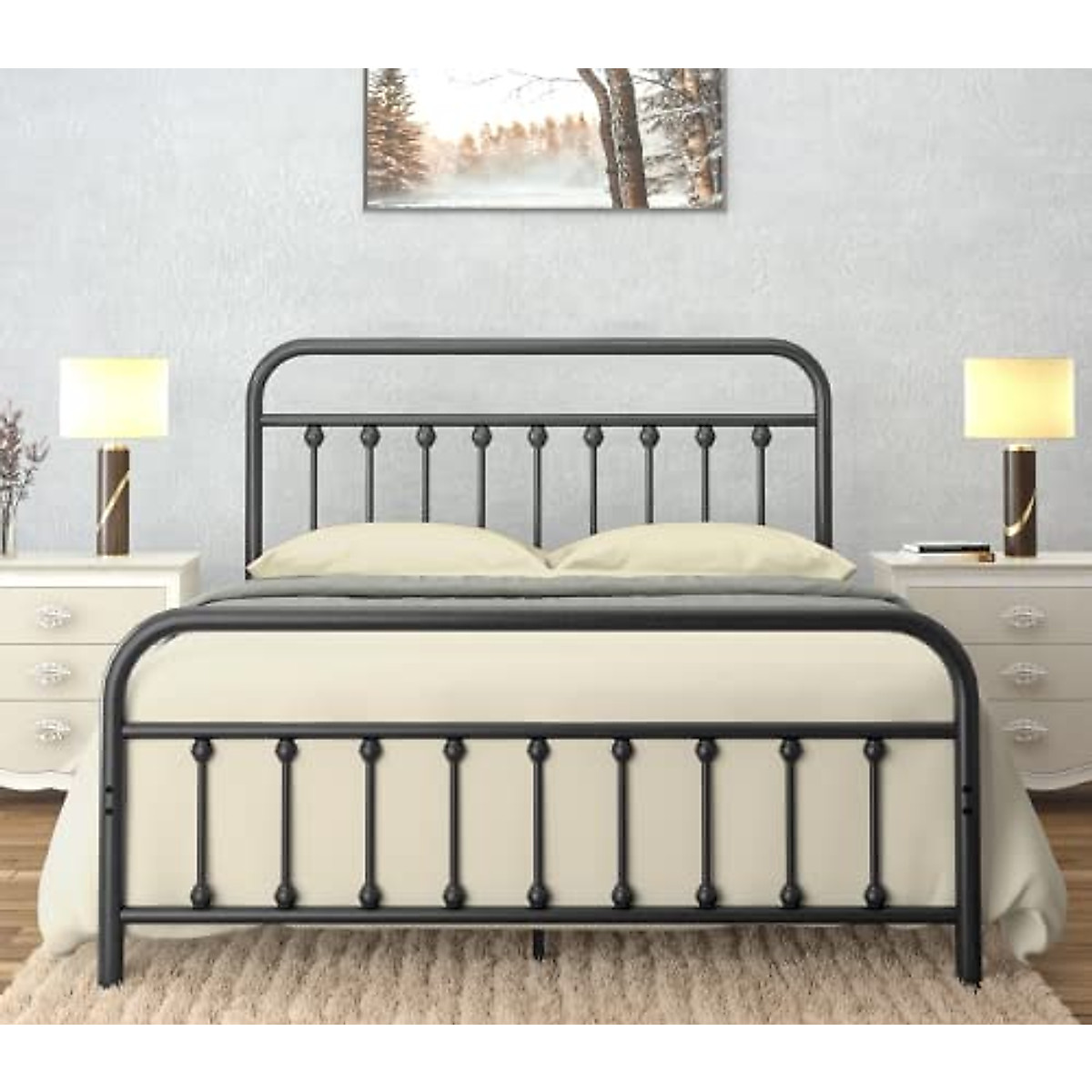AMBEE21 Vintage Queen Metal Bed Frame with Headboard and Footboard Platform / Wrought Iron / Heavy Duty/ Solid Metal Slat / Textured Black / No Box Spring Needed/ Industrial & Farmhouse