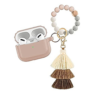 AirPod Pro Case,Gtinna Fashion Cute Stripe AirPod Pro Cover Case,Soft Silicone Case for Apple AirPod Pro Wireless Charging Case with Silicone Beaded Bracelet Tassel Keychain Accessorie (Khaki)