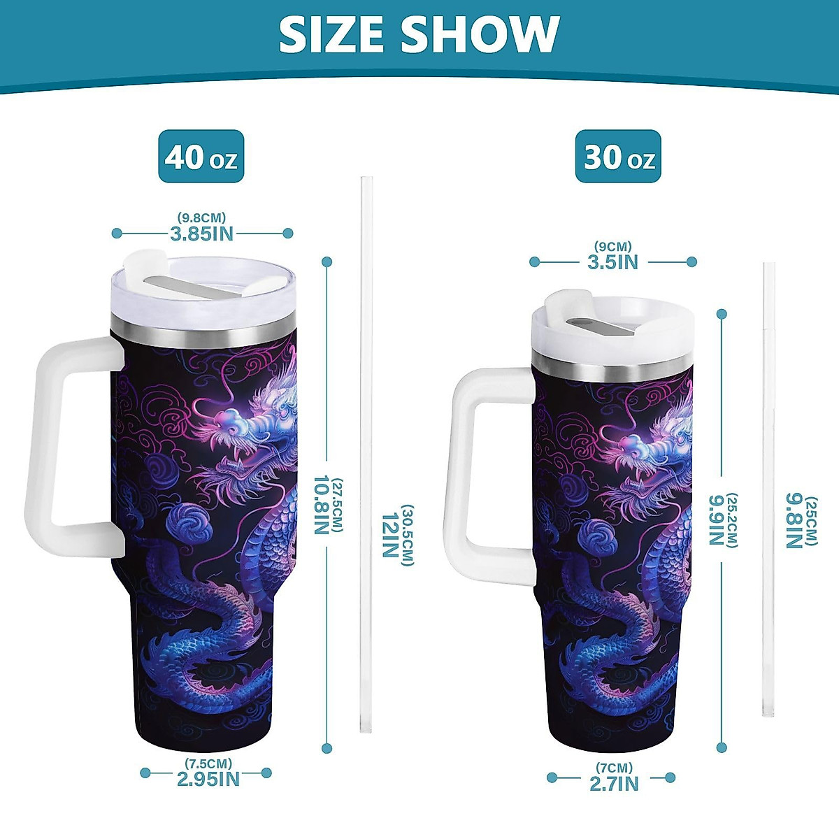 Nesatuwa 40 oz Blue Purple Dragon Tumbler with Handle and Straw Lid,Reusable Stainless Steel Vacuum Insulated Tumbler Leakproof Travel Coffee Mug for Iced and Hot Beverages