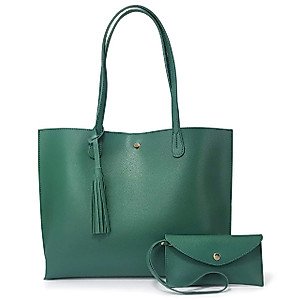 Minimalist Clean Cut Pebbled Faux Leather Tote Womens Shoulder Handbag (Green) Medium