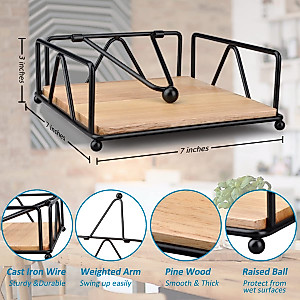 MOLEDINO Flat Napkin Holder for Kitchen Dining Table, Metal Black Napkin Holder with Weighted Arm Modern Sturdy Cast Iron Cocktail Bar Luncheon Beverage Napkin Holder Wooden Base Outdoor Picnic Party