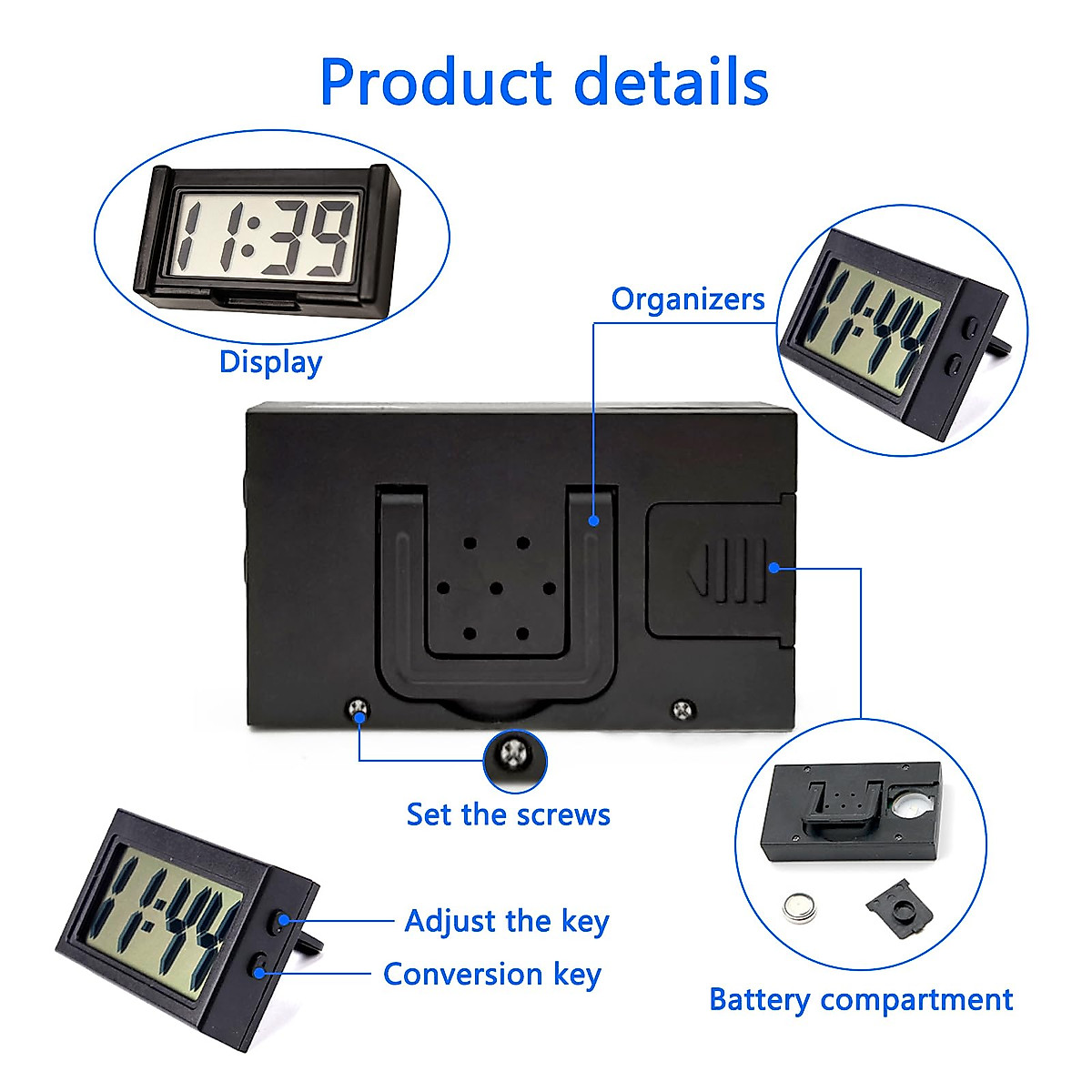 Sodcay 1 PC Mini Car Clock, Car Dashboard Digital Clock, with Clear LCD Screen Stand Case Function, Self-Adhesive Digital Clock, for Car Truck Dashboard (Black)